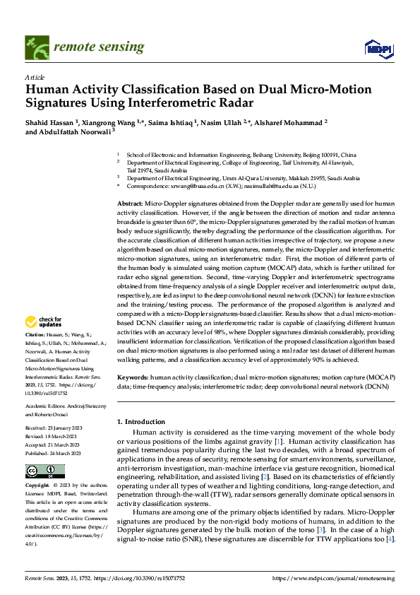 Pdf Human Activity Classification Based On Dual Micro Motion Signatures Using Interferometric