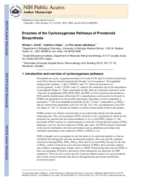 (PDF) Enzymes of the Cyclooxygenase Pathways of Prostanoid Biosynthesis