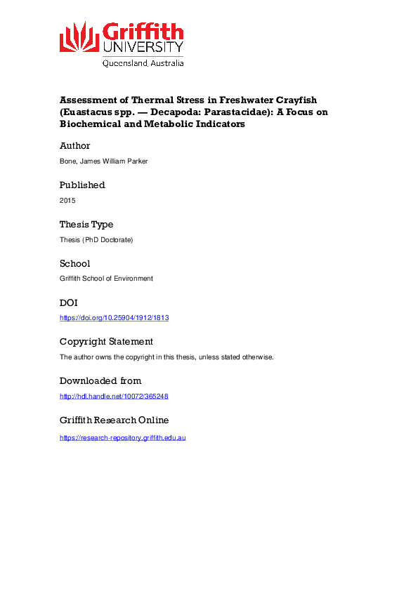 (PDF) Assessment of Thermal Stress in Freshwater Crayfish (Euastacus ...