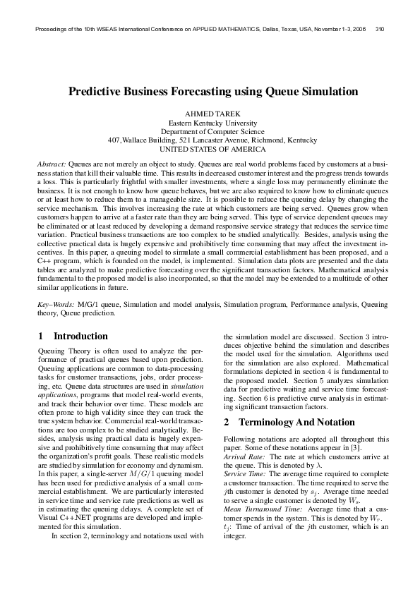 (PDF) Predictive Business Forecasting using Queue Simulation | Ahmed ...