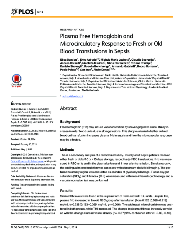 (PDF) Plasma Free Hemoglobin and Microcirculatory Response to Fresh or ...