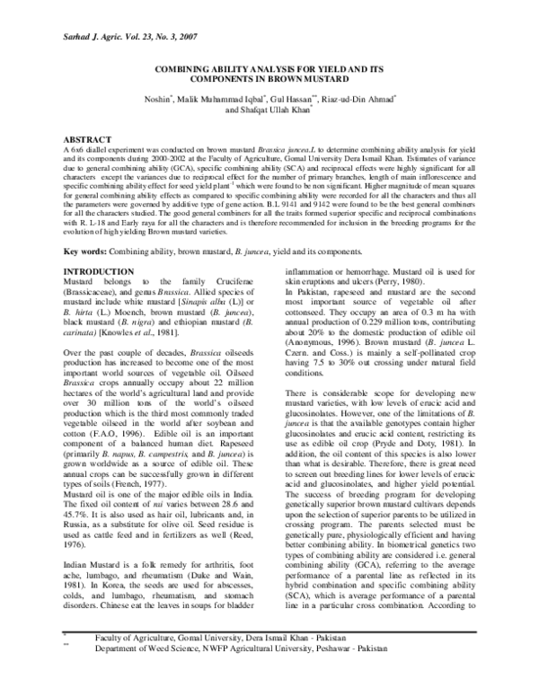 Pdf Combining Ability Analysis For Yield And Its Components In