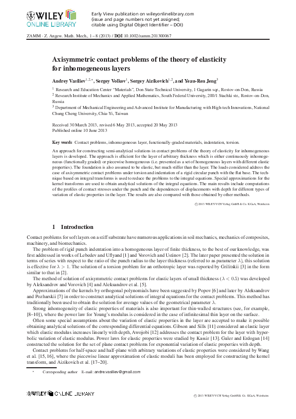 Pdf Axisymmetric Contact Problems Of The Theory Of Elasticity For
