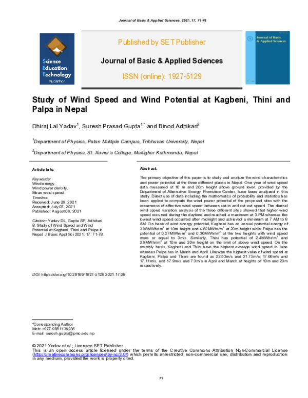(PDF) Study of Wind Speed and Wind Potential at Kagbeni, Thini and ...