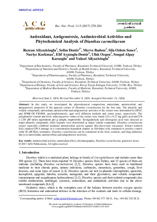 (PDF) Antioxidant, Antigenotoxic, Antimicrobial Activities and Phytochemical Analysis of ...