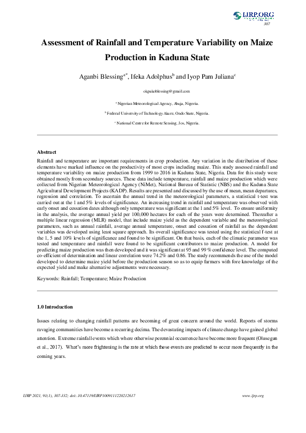 (PDF) Assessment of Rainfall and Temperature Variability on Maize ...