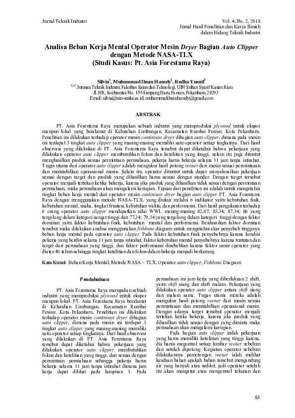 (PDF) Analisa Beban Kerja Mental Operator Mesin Dryer Bagian Auto ...