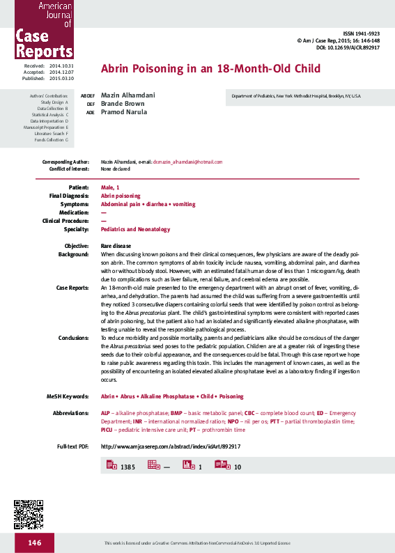 (PDF) Abrin Poisoning in an 18-Month-Old Child