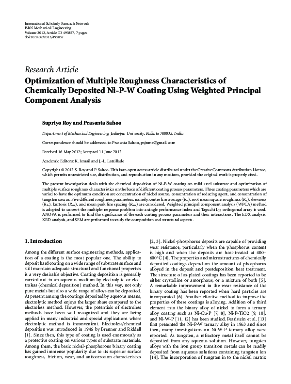Pdf Optimization Of Multiple Roughness Characteristics Of Chemically Deposited Ni P W Coating 