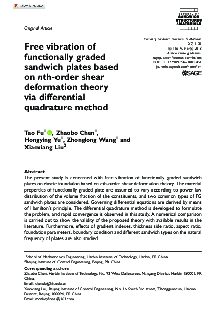 Pdf Free Vibration Of Functionally Graded Sandwich Plates Using Four Variable Refined Plate Theory