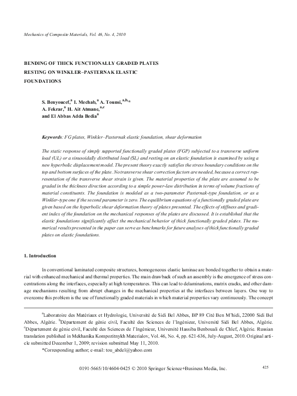 Pdf Bending Of Thick Functionally Graded Plates Resting On Winkler Pasternak Elastic