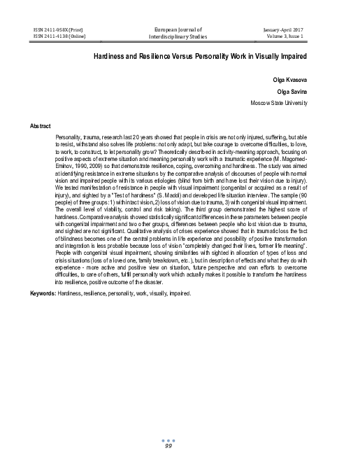 (PDF) Hardiness and Resilience Versus Personality Work in Visually Impaired