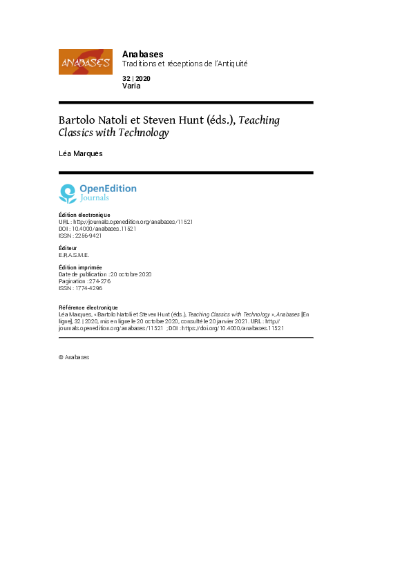 (PDF) Bartolo Natoli et Steven Hunt (éds.), Teaching Classics with ...