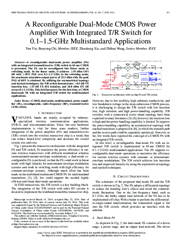 (PDF) A Reconfigurable Dual-Mode CMOS Power Amplifier With Integrated T/R Switch for 0.1–1.5-GHz ...