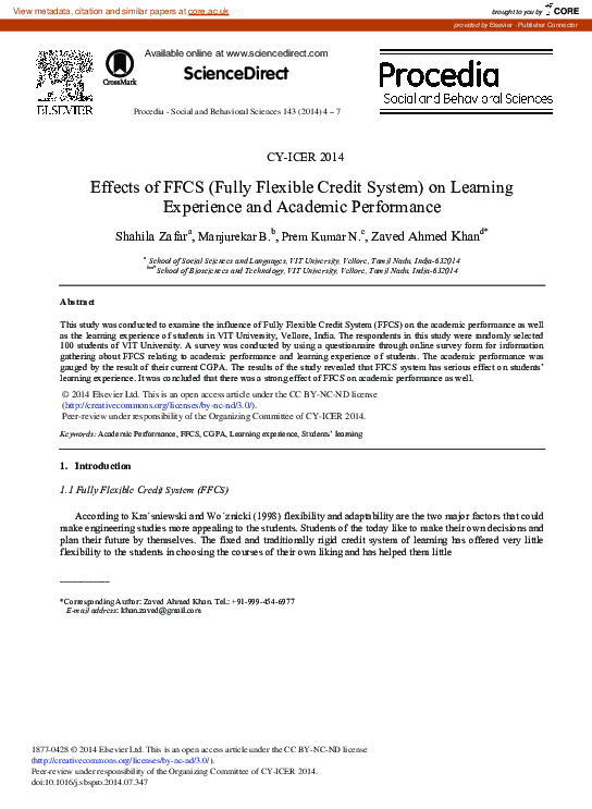 (PDF) Effects of FFCS (Fully Flexible Credit System) on Learning Experience and Academic Performance