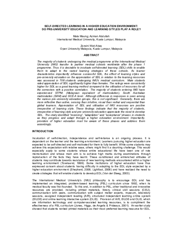 (PDF) Self-directed learning in higher education environment: do pre-university education and ...