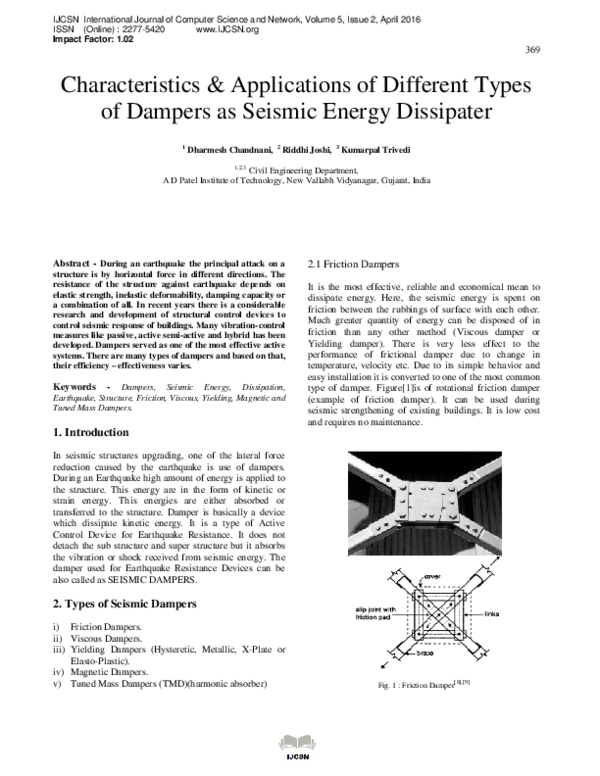 (PDF) Characteristics & Applications of Different Types of Dampers as Seismic Energy Dissipater ...