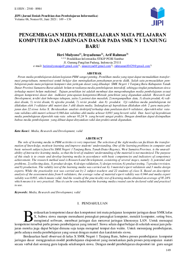 (PDF) Pengembangan Media Pembelajaran Mata Pelajaran Komputer dan Jaringan Dasar Pada SMK N 1 ...