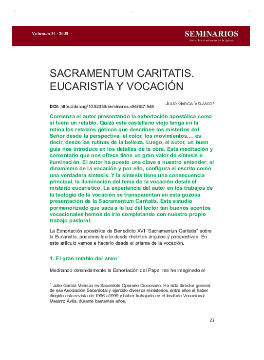 (PDF) Sacramentum Caritatis. Eucaristía y vocación