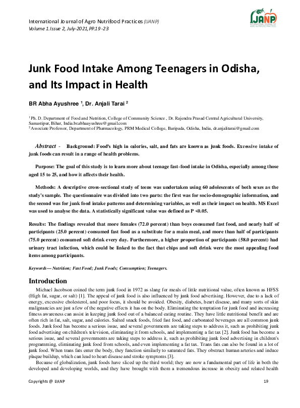 (PDF) Junk Food Intake Among Teenagers in Odisha, and Its Impact in Health