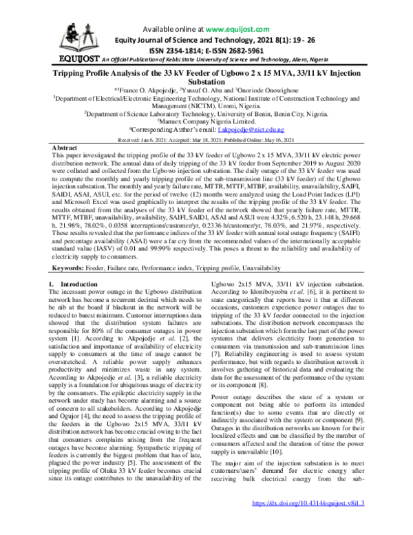 (PDF) Tripping Profile Analysis of the 33 kV Feeder of Ugbowo 2 x 15 MVA, 33/11 kV Injection ...
