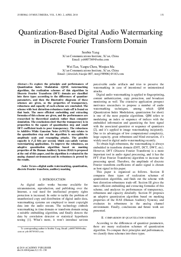 (PDF) Quantization-Based Digital Audio Watermarking in Discrete Fourier Transform Domain