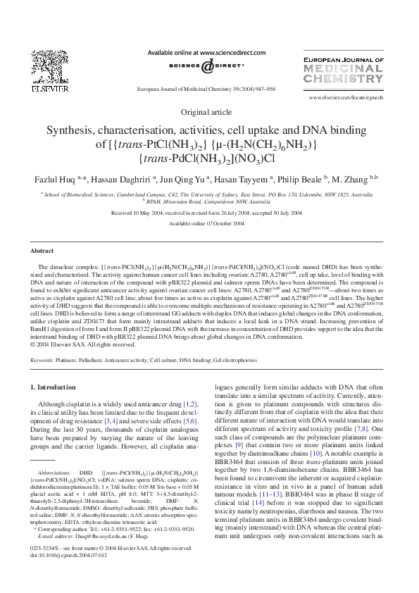 (PDF) Synthesis, characterisation, activities, cell uptake and DNA binding of [{trans-PtCl(NH3)2 ...