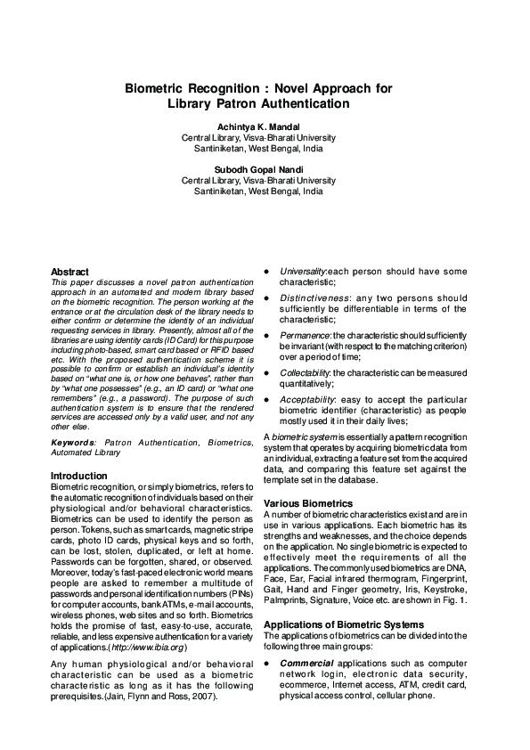 (PDF) Biometric Recognition: Novel Approach for Library Patron Authentication