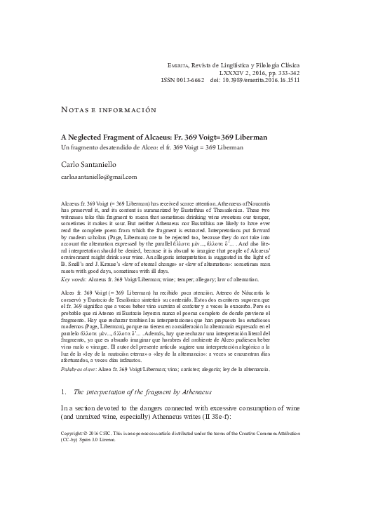 (PDF) A Neglected Fragment of Alcaeus: Fr. 369 Voigt=369 Liberman