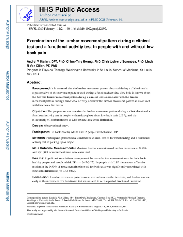 (PDF) Examination of the Lumbar Movement Pattern during a Clinical Test ...