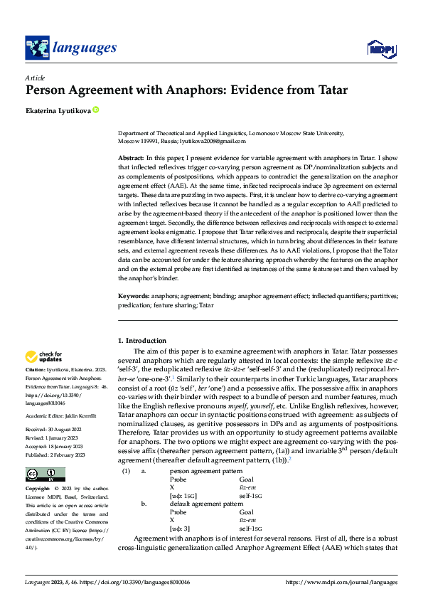 (PDF) Person Agreement with Anaphors: Evidence from Tatar