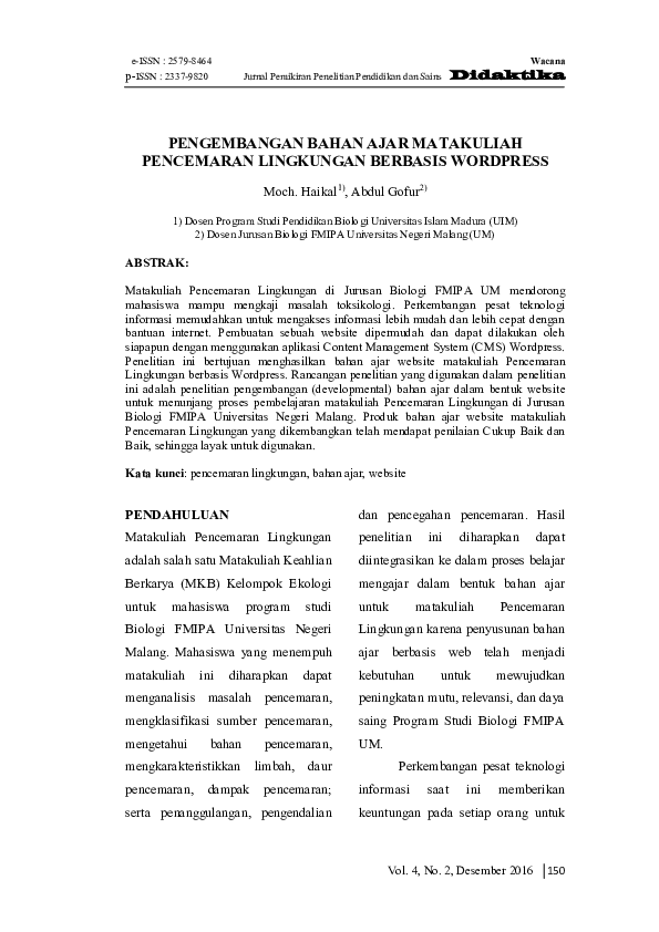 (PDF) Pengembangan Bahan Ajar Matakuliah Pencemaran Lingkungan Berbasis Wordpress