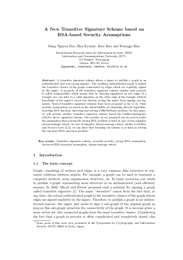 Pdf A New Transitive Signature Scheme Based On Rsa Based Security