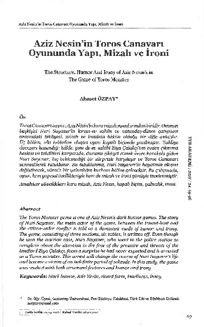 (PDF) Aziz Nesin'in Toros Canavarı Oyununda Yapı, Mizah ve İroni