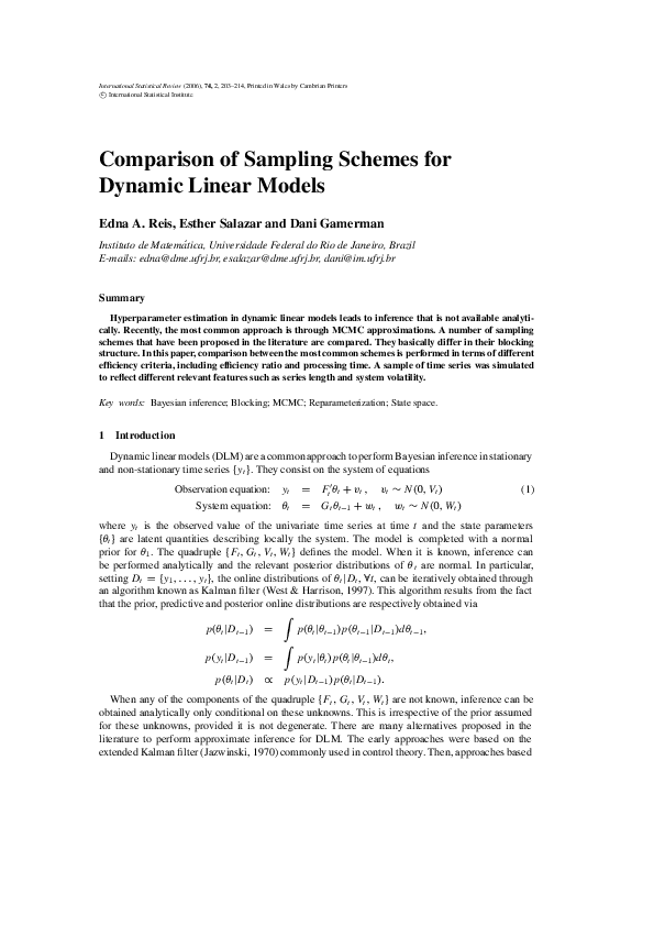(PDF) Comparison of Sampling Schemes for Dynamic Linear Models