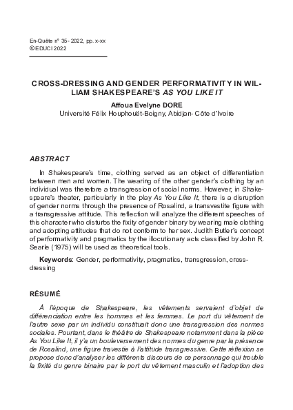 (PDF) CROSS-DRESSING AND GENDER PERFORMATIVITY IN WIL-LIAM SHAKESPEARE ...