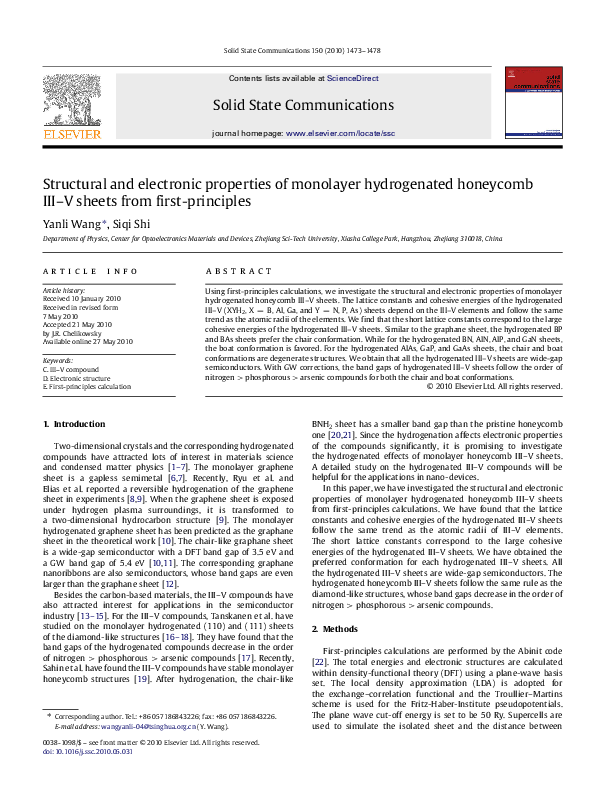 (PDF) Structural and electronic properties of monolayer hydrogenated honeycomb III-V sheets from ...