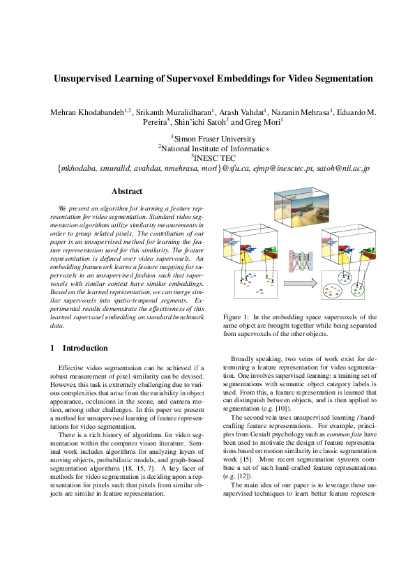 (PDF) Unsupervised learning of supervoxel embeddings for video Segmentation | Mehran Khodabandeh ...