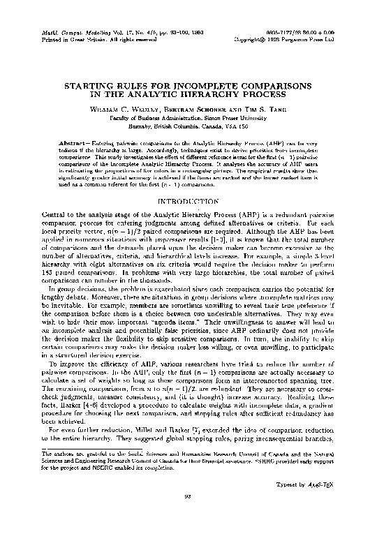 (PDF) Starting rules for incomplete comparisons in the analytic hierarchy process