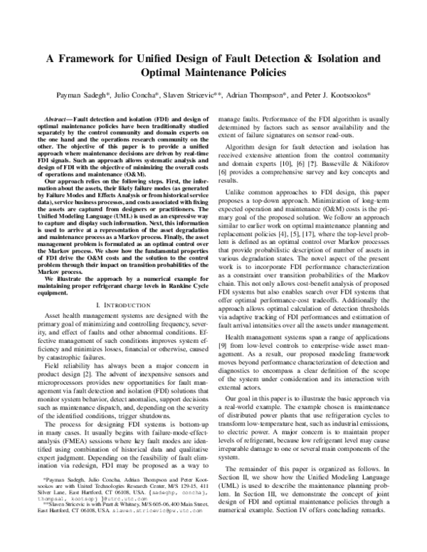 Pdf A Framework For Unified Design Of Fault Detection And Isolation And Optimal Maintenance