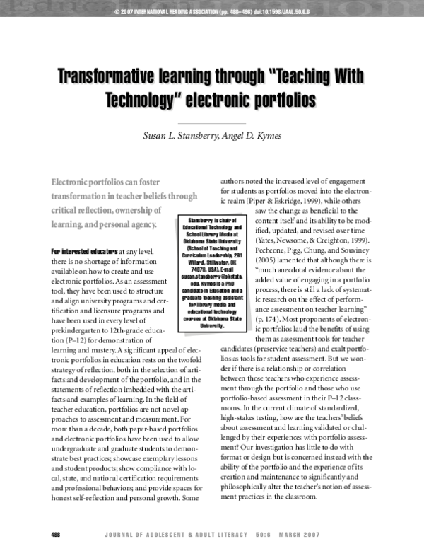 (PDF) Transformative Learning Through “Teaching With Technology” Electronic Portfolios