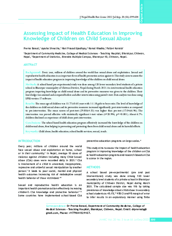 (PDF) Assessing Impact of Health Education in Improving Knowledge of ...