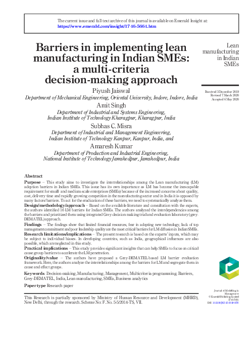 (PDF) Barriers in implementing lean manufacturing in Indian SMEs: a multi-criteria decision ...