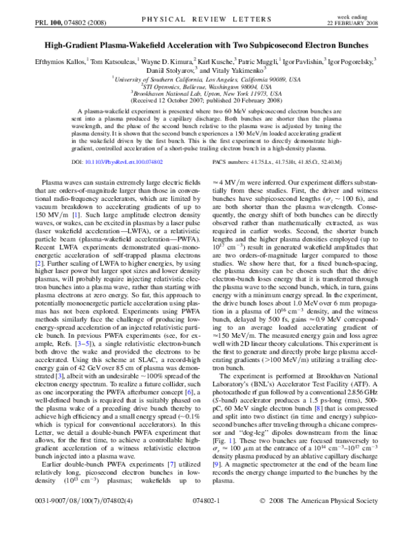 (PDF) High-Gradient Plasma-Wakefield Acceleration with Two Subpicosecond Electron Bunches