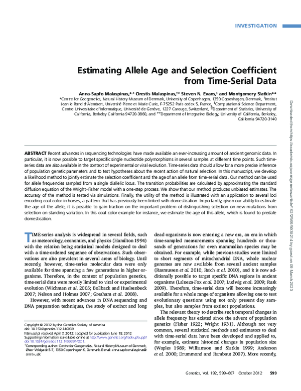(PDF) Estimating Allele Age and Selection Coefficient from Time-Serial Data