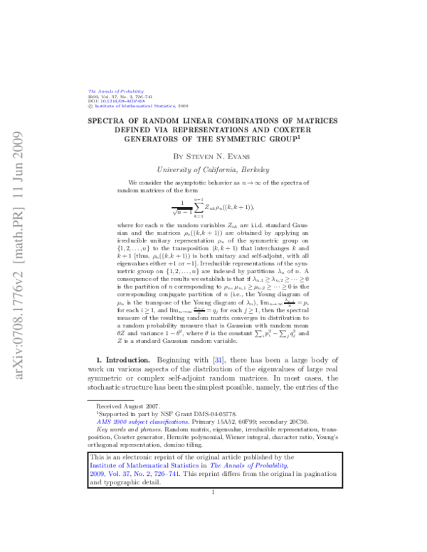 Pdf Spectra Of Random Linear Combinations Of Matrices Defined Via Representations And Coxeter