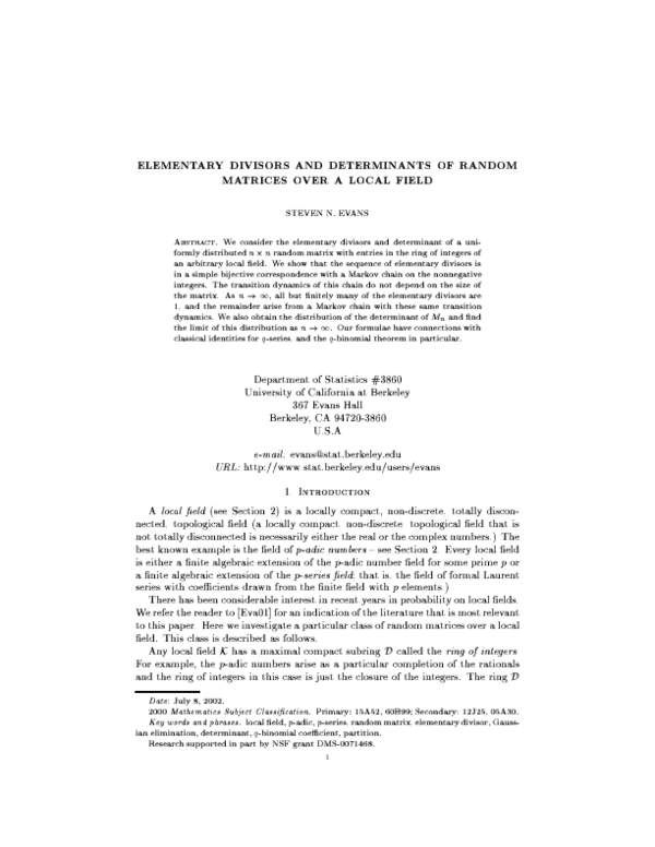 Pdf Elementary Divisors And Determinants Of Random Matrices Over A Local Field