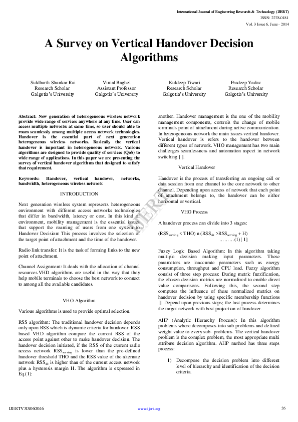 (PDF) A Survey on Vertical Handover Decision Algorithms