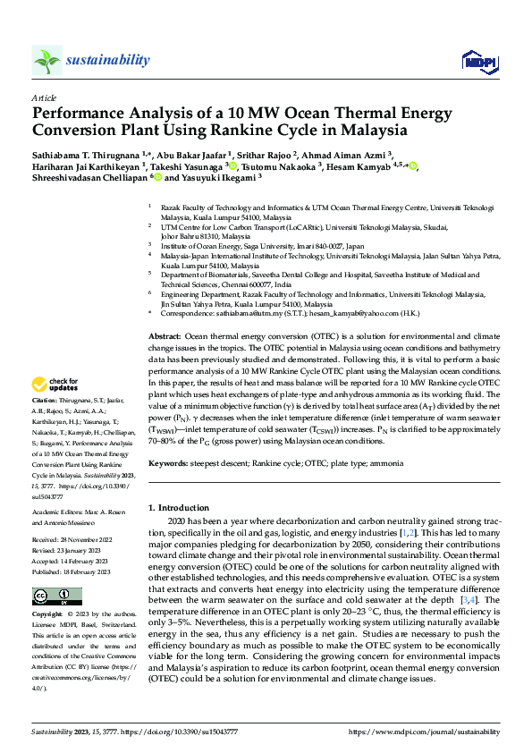 (PDF) Performance Analysis of a 10 MW Ocean Thermal Energy Conversion ...