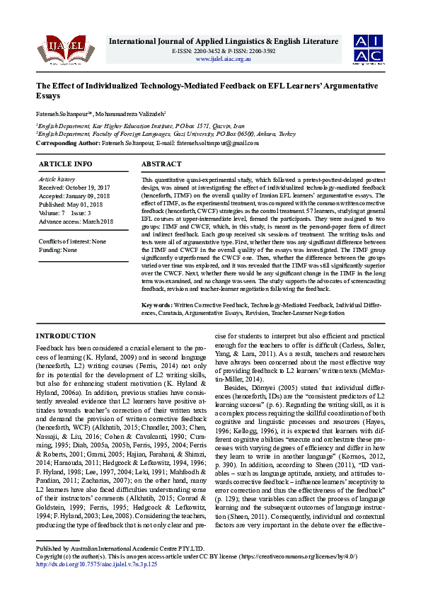 (PDF) The Effect of Individualized Technology-Mediated Feedback on EFL Learners’ Argumentative ...